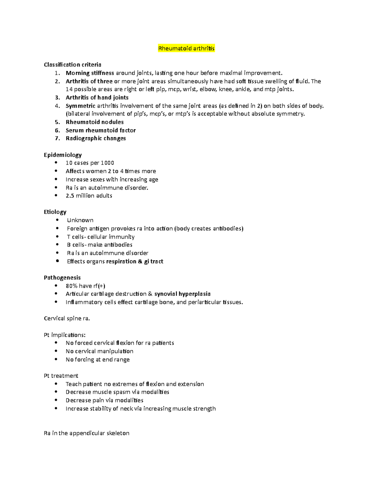 Rheumatoid arthritis - Lecture notes RA notes - Rheumatoid arthritis ...