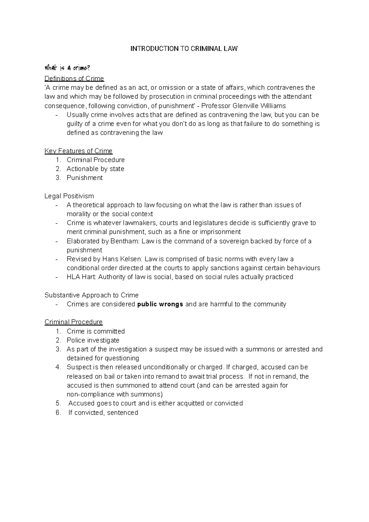 LAW 1114 Notes - INTRODUCTION TO CRIMINAL LAW What is a crime ...
