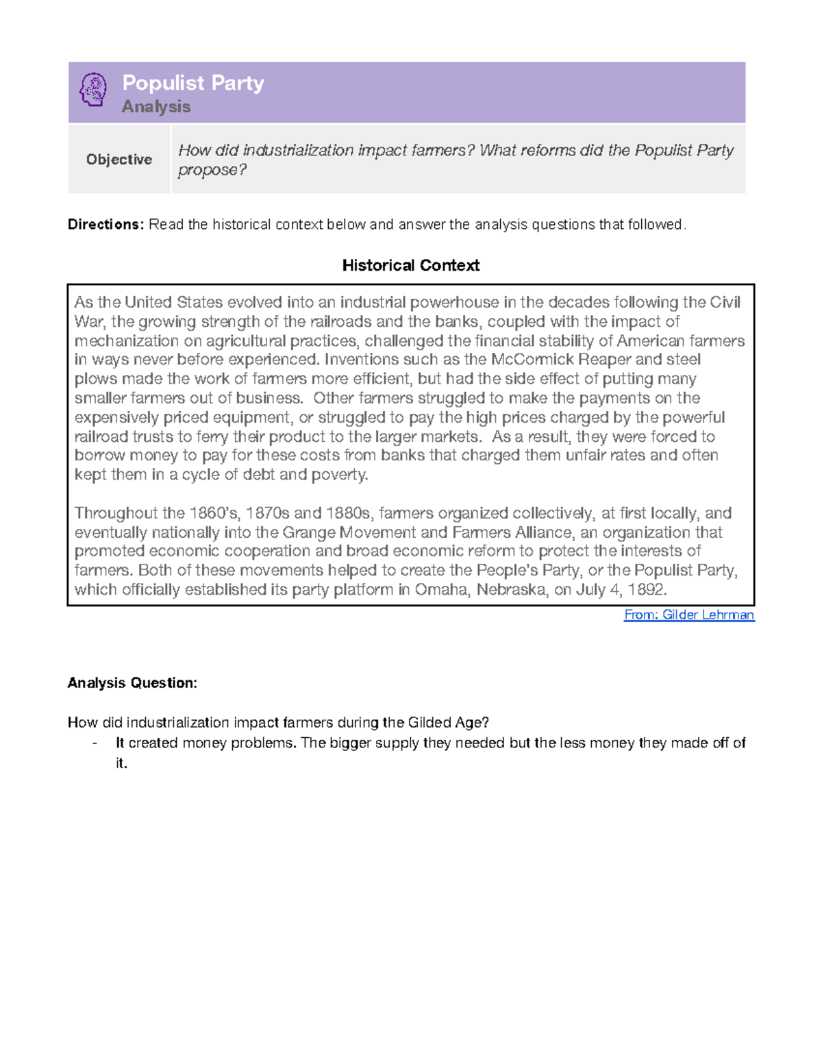 Populist Party Platform 3 - Populist Party Analysis Objective How did ...