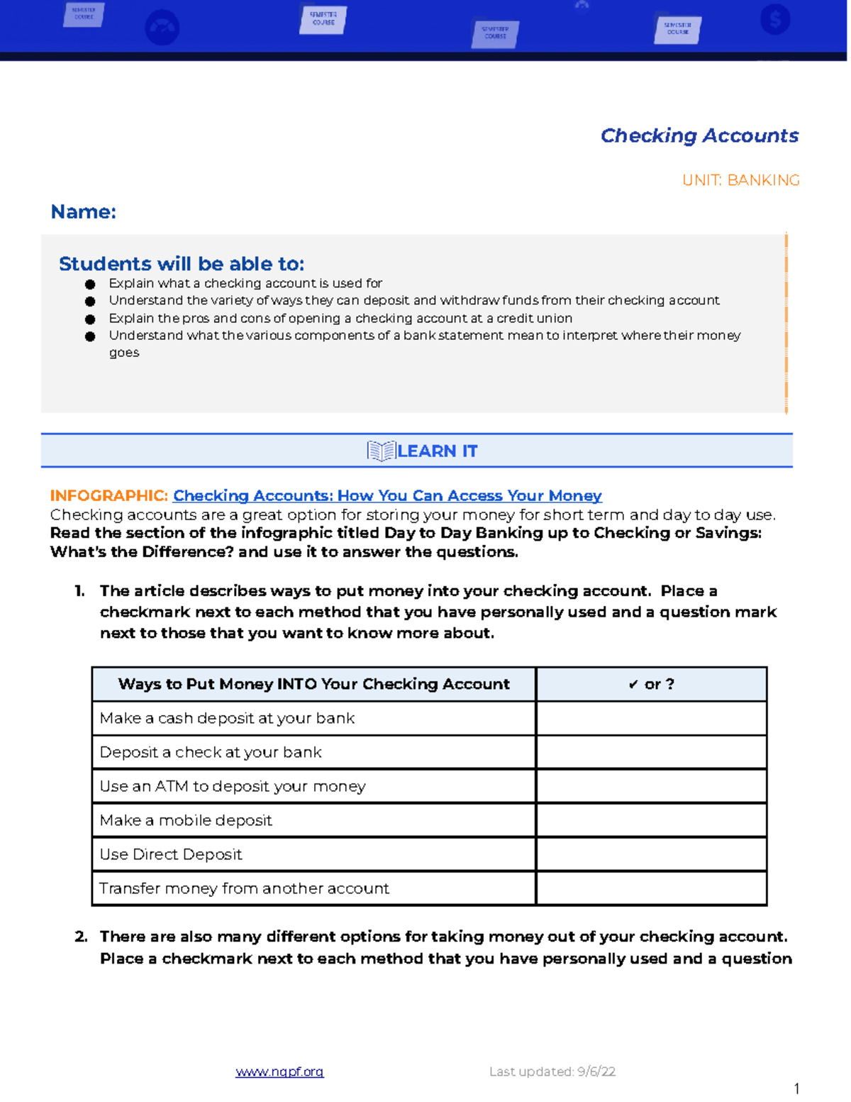 Lesson 001# Banking (Checking Accounts) - Checking Accounts UNIT ...