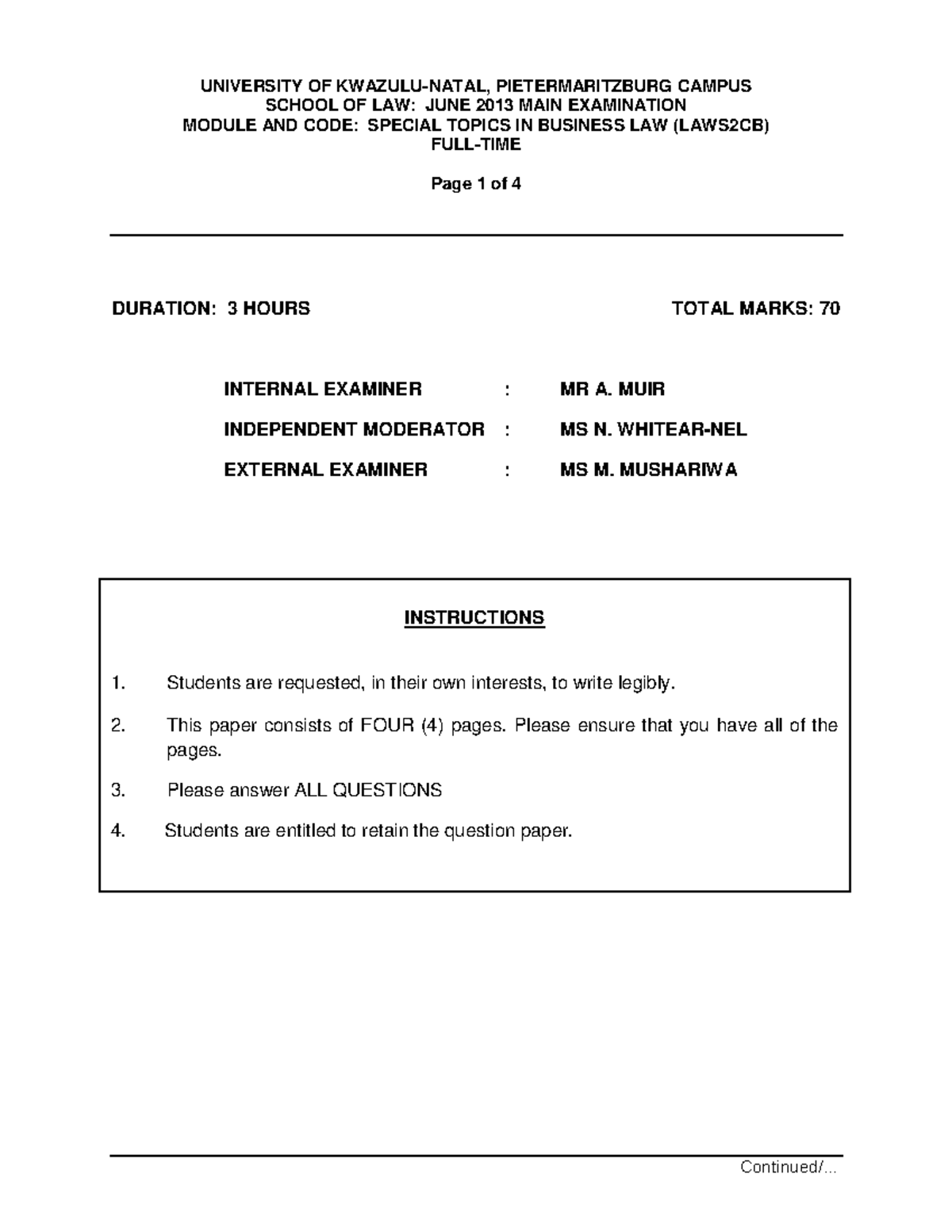 Exam 2013, questions and answers - SCHOOL OF LAW: JUNE 2013 MAIN EXAMINATION MODULE AND CODE ...