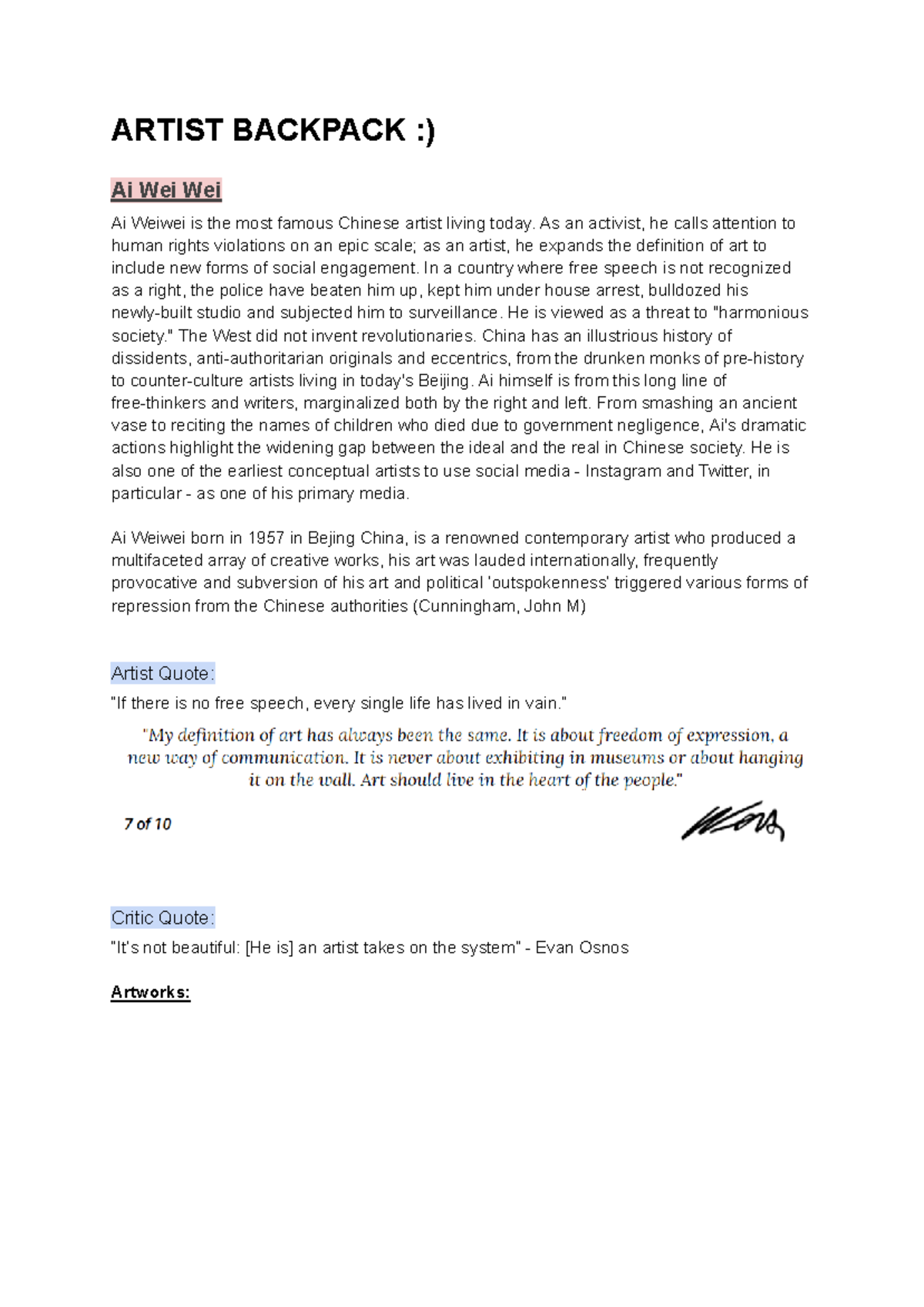 Visual Arts - Artist Backpack - ARTIST BACKPACK :) Ai Wei Wei Ai Weiwei ...