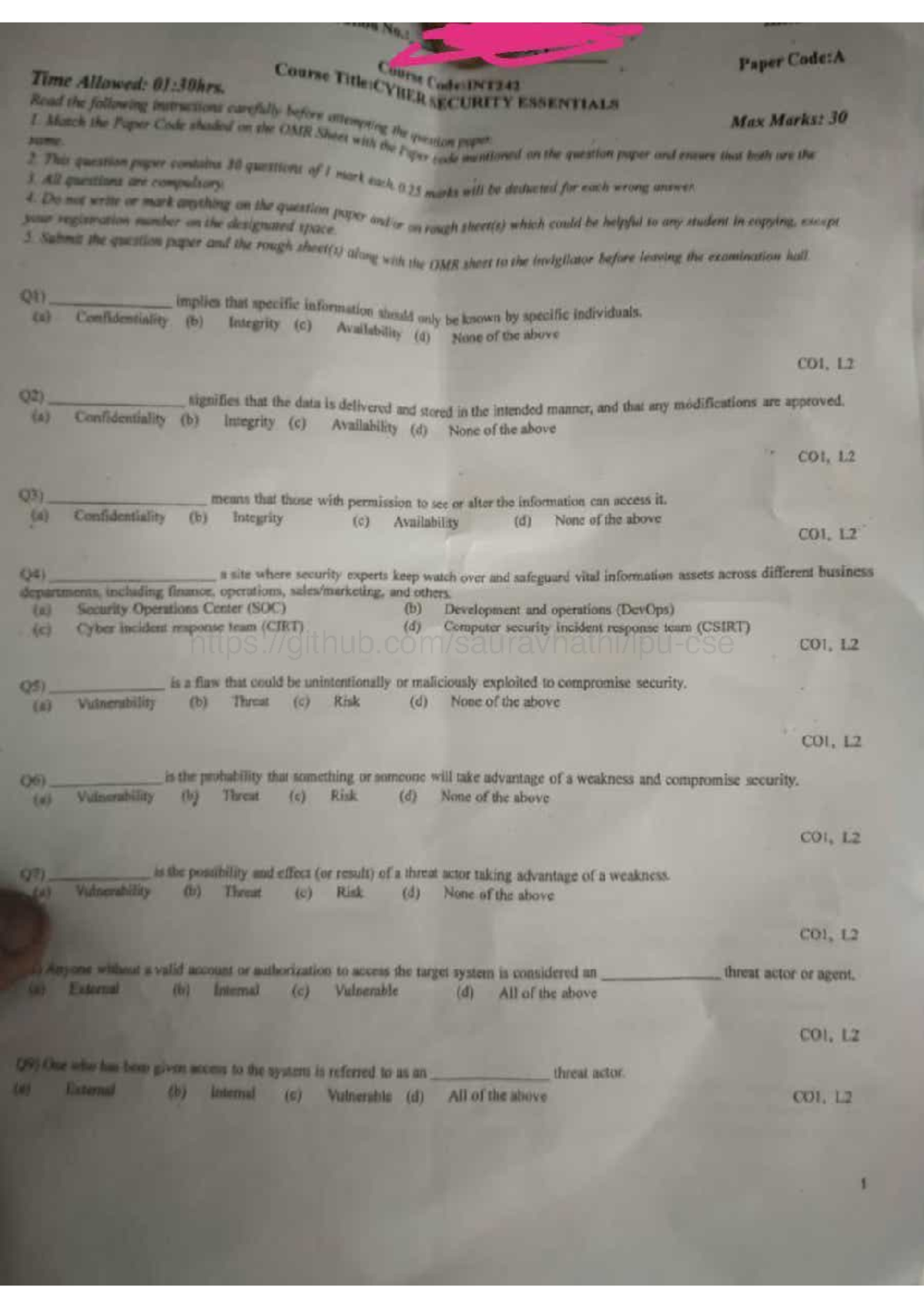 INT242 MTE Question - exam - Paper Code:A Couse TitleiCY1E sECU Time ...