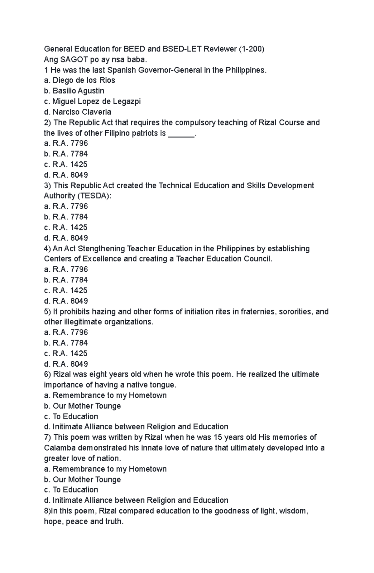 General Education for BEED and BSED - 1 He was the last Spanish ...