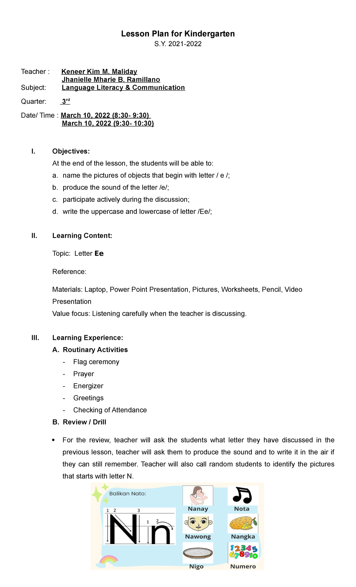 Semi-detailed Lesson Plan - Lesson Plan for Kindergarten S. 2021 ...