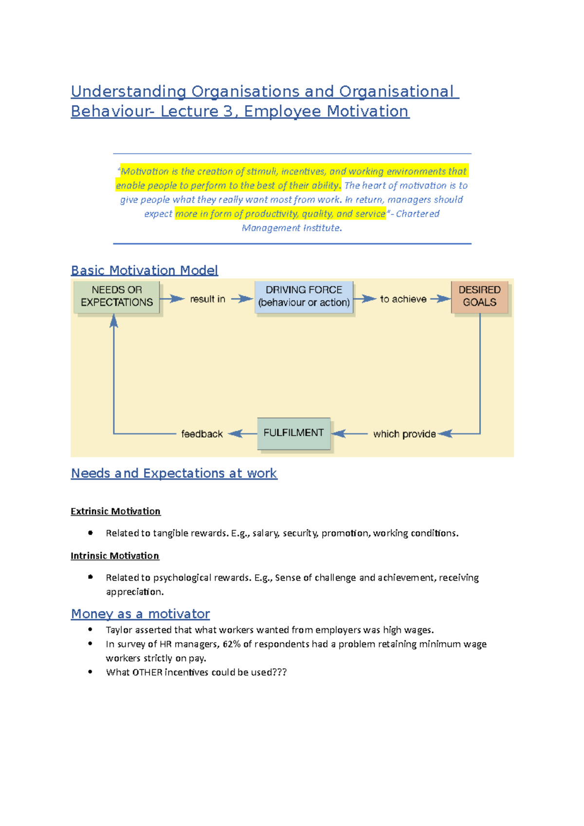 Employee Motivation - Lecture notes 3 - Understanding Organisations and ...