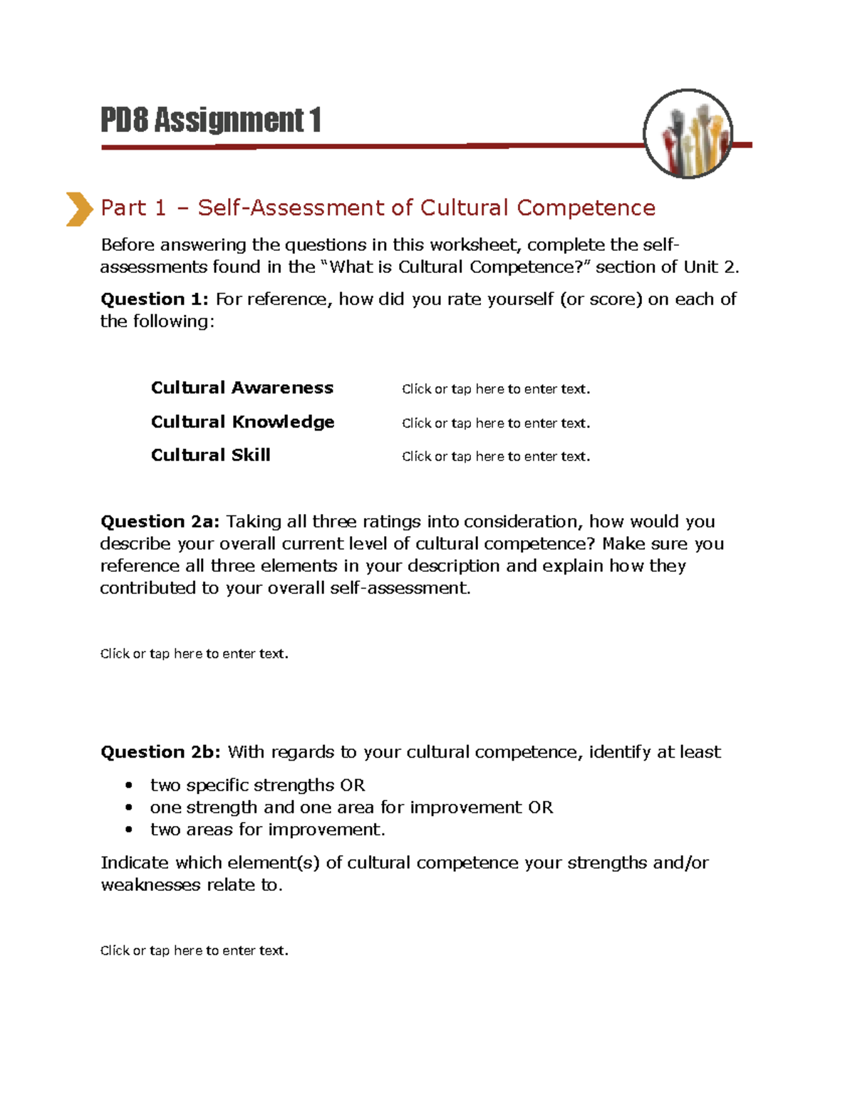 PD8-Assignment 1-Biases - PD8 Assignment 1 Part 1 – Self-Assessment of Cultural Competence ...
