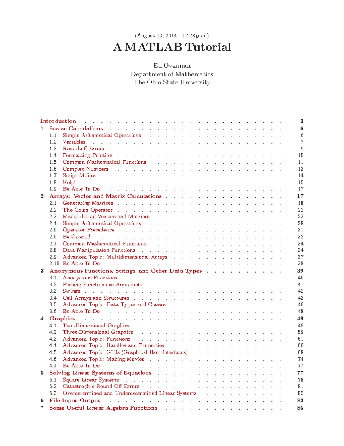 Matlab Tutorial Ohio State Univ - (August 13, 2014 12:28 p.) A MATLAB ...
