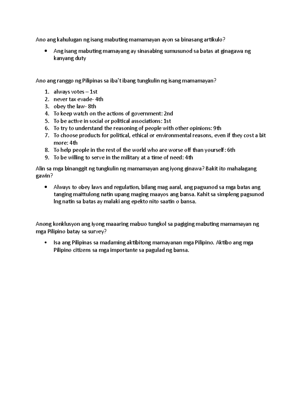 AP - n/a - Ano ang kahulugan ng isang mabuting mamamayan ayon sa ...