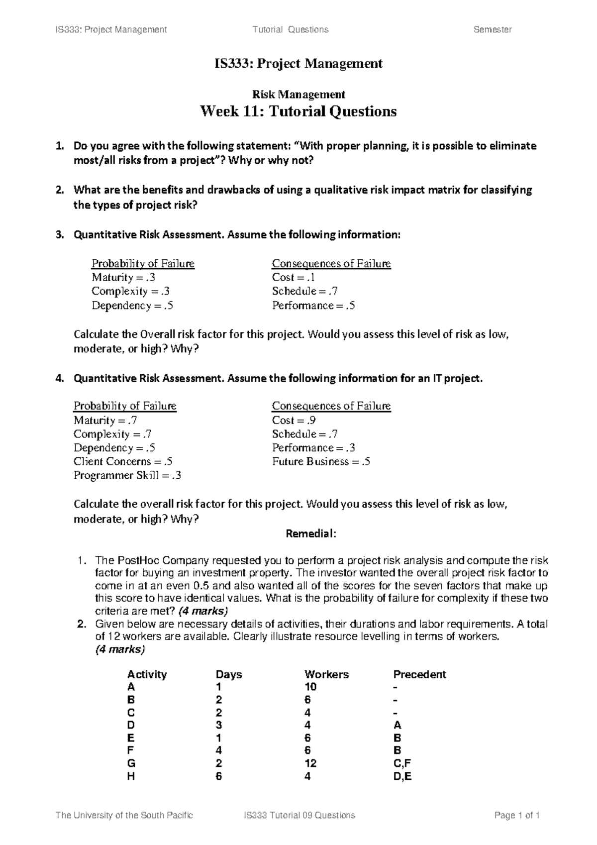 Tutorial week 11 - Is333 wk 11 tute - IS333: Project Management Tutorial Questions Semester The ...