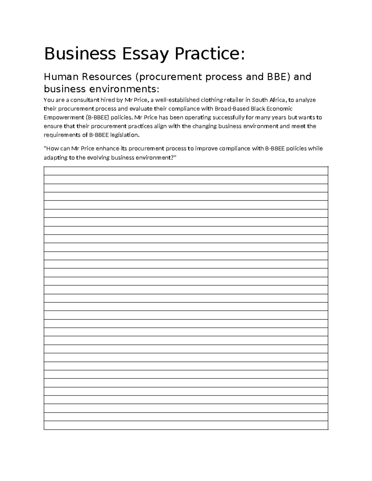 Business Essay Practice - Business Essay Practice: Human Resources ...