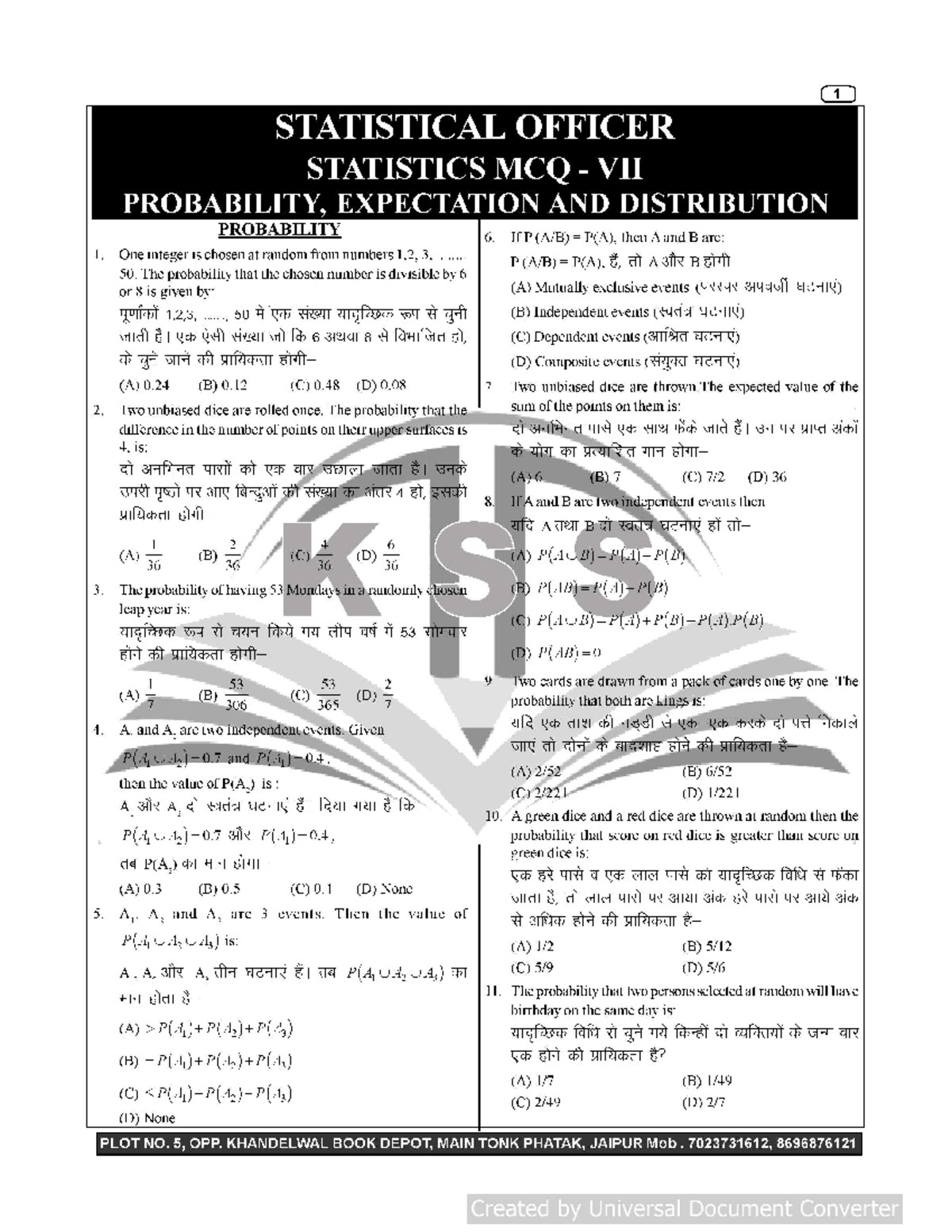 Stats - Probability and Expectations MCQ - Economics - Studocu