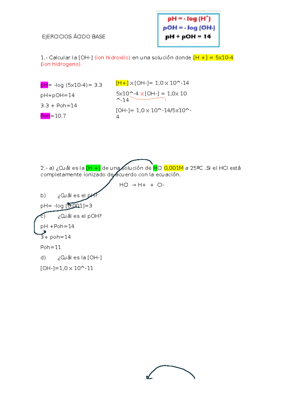 Ejercicios Ácido BASE - EJERCICIOS ÁCIDO BASE 1.- Calcular la [OH-] (ion hidroxilo) en una ...