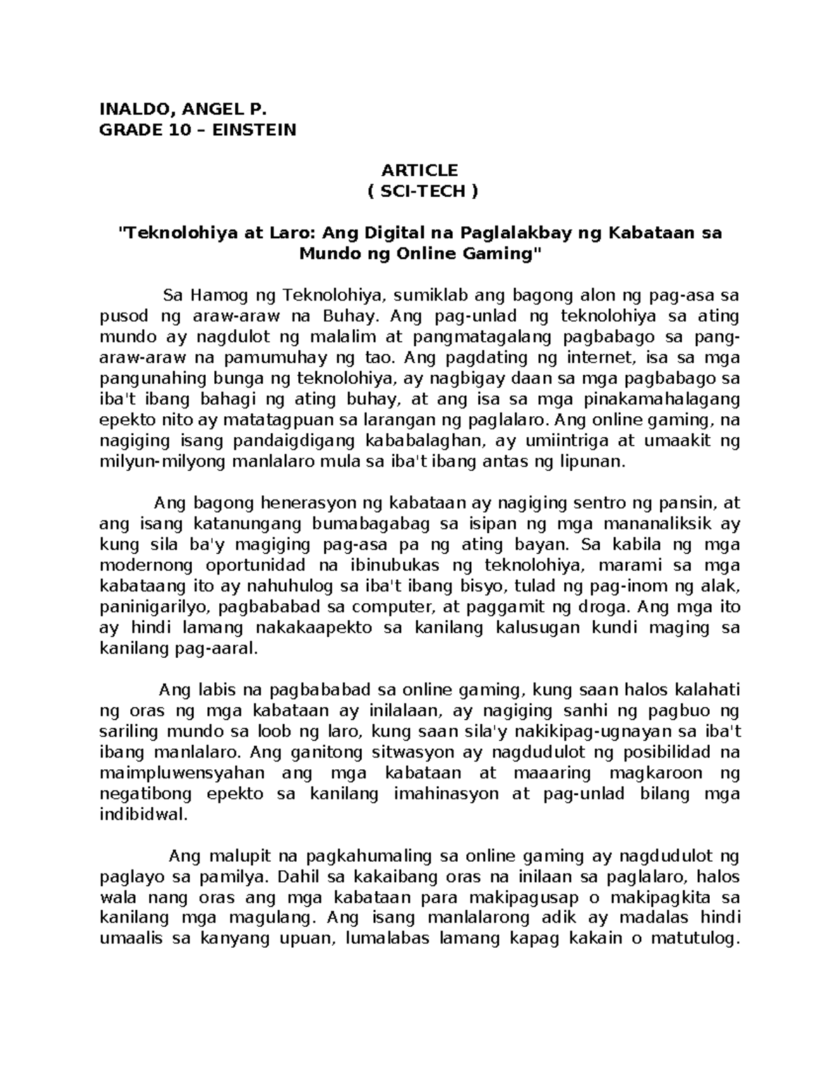Angel- Inaldo- Article - INALDO, ANGEL P. GRADE 10 – EINSTEIN ARTICLE ...