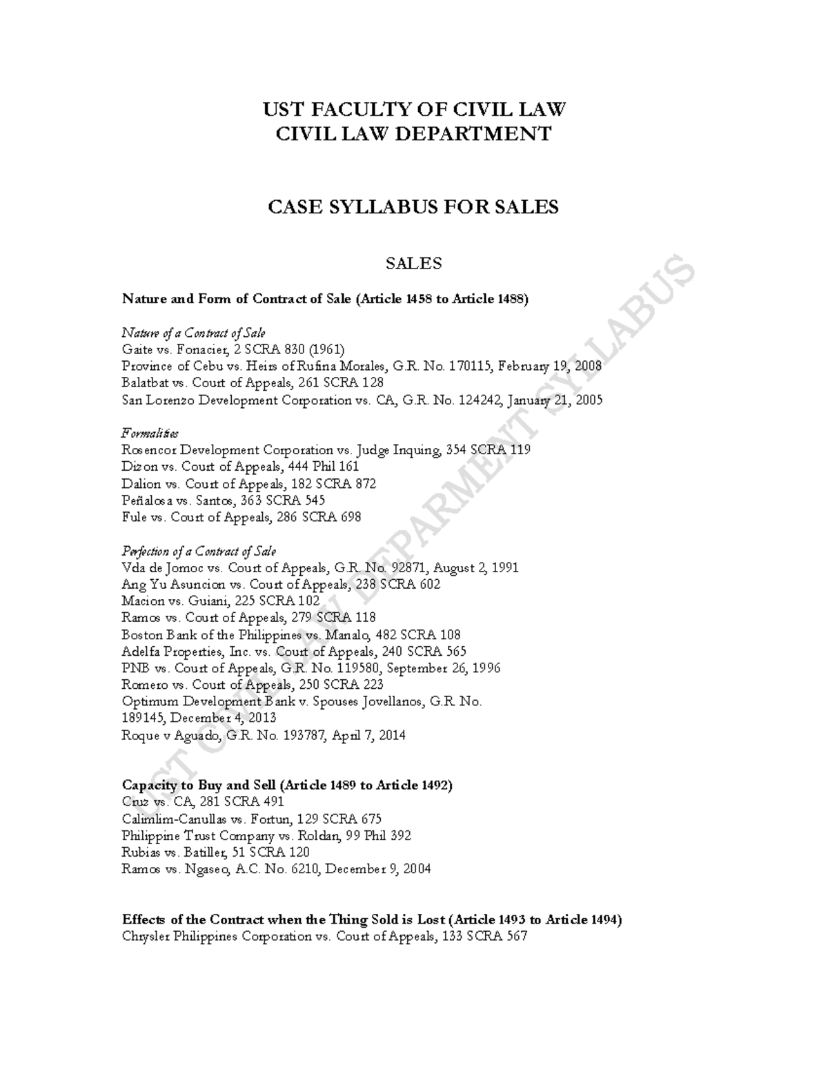 Case Syllabus for Sales - UST FACULTY OF CIVIL LAW CIVIL LAW DEPARTMENT ...