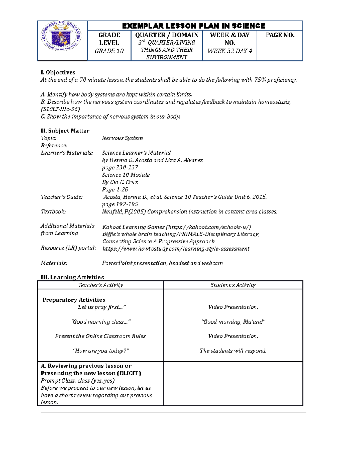 Nervous System ( Lesson PLAN) - GRADE LEVEL GRADE 10 QUARTER / DOMAIN 3 ...