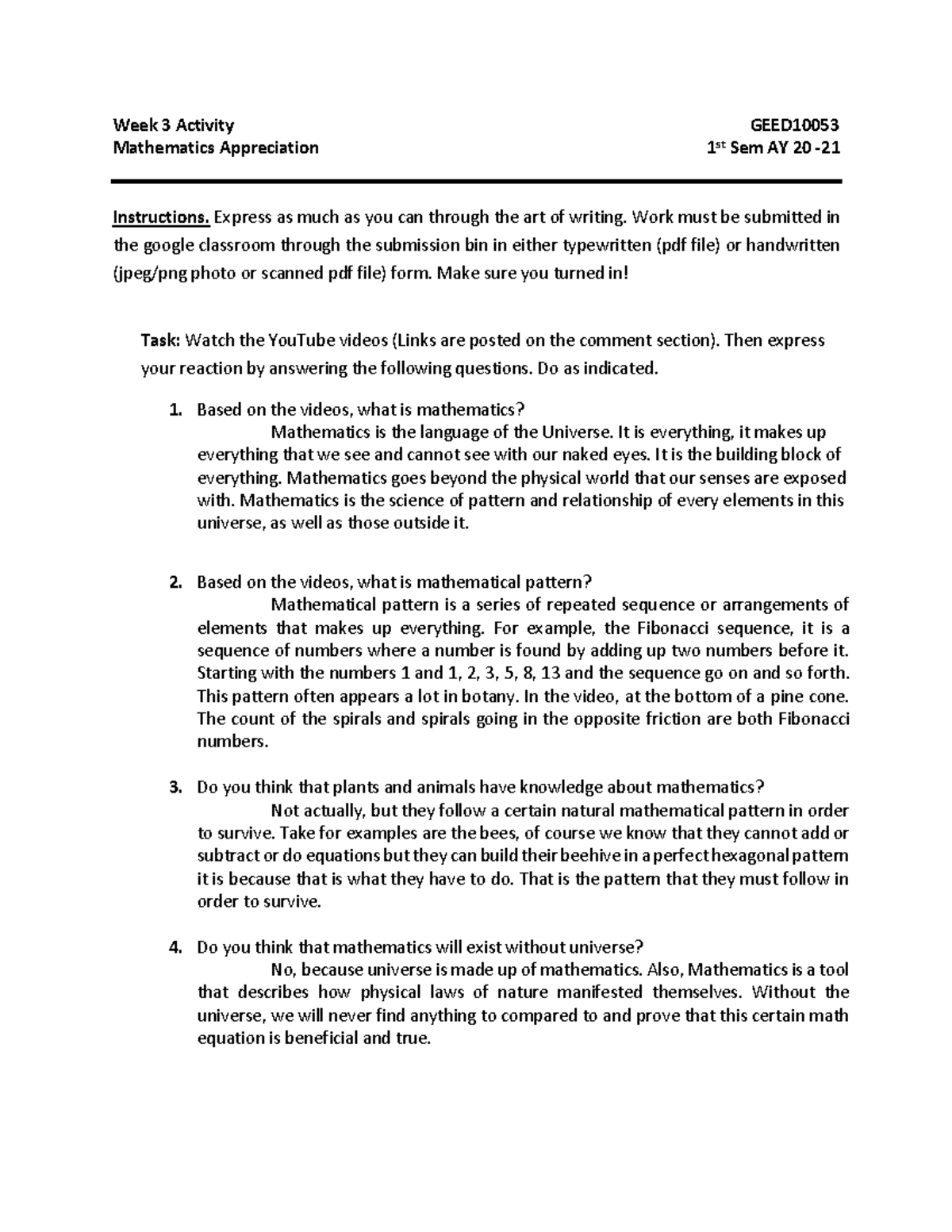 Mathematics in the Modern World Assignment 3 - Week 3 Activity GEED ...