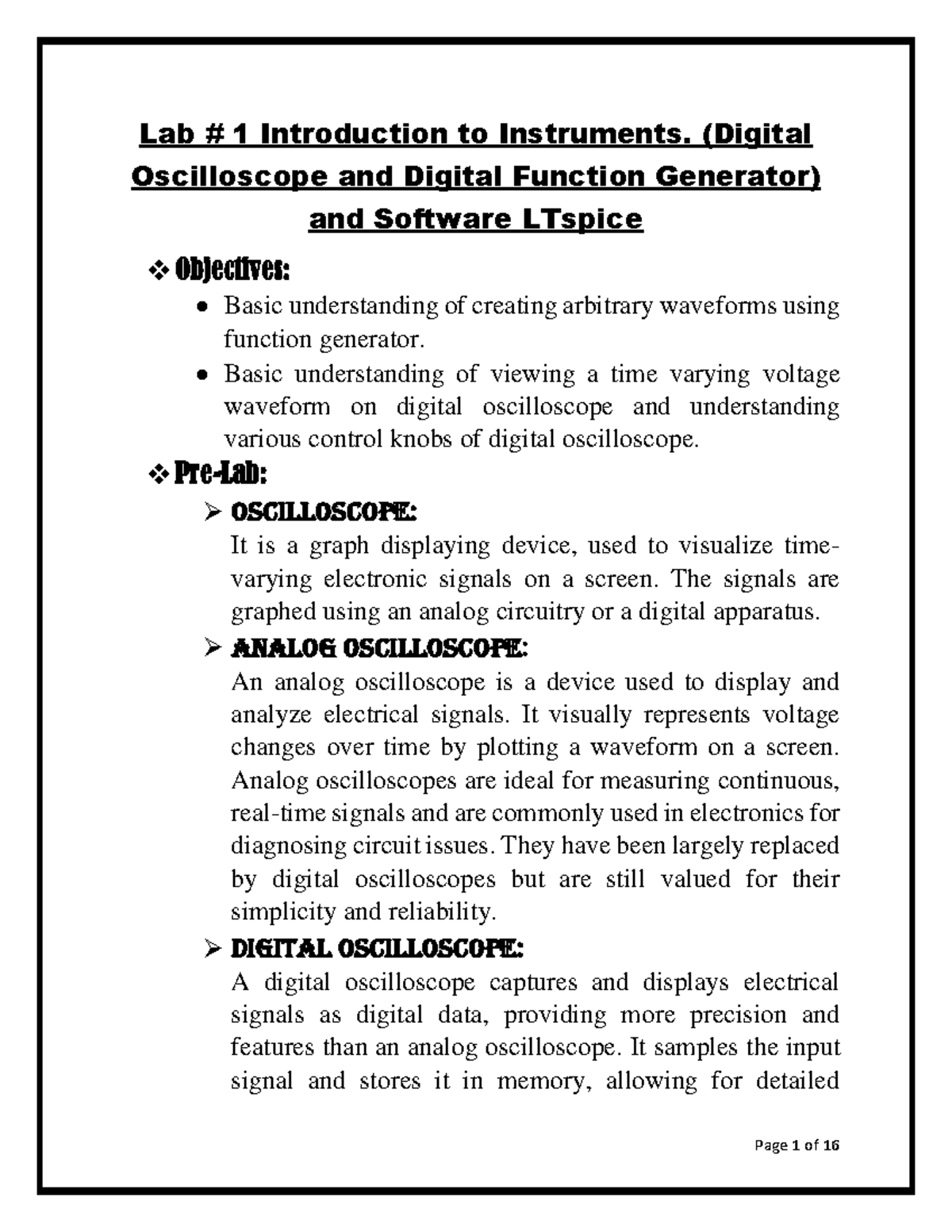 Electronic Lab 1 - Lab Report - Lab # 1 Introduction to Instruments. (Digital Oscilloscope and ...