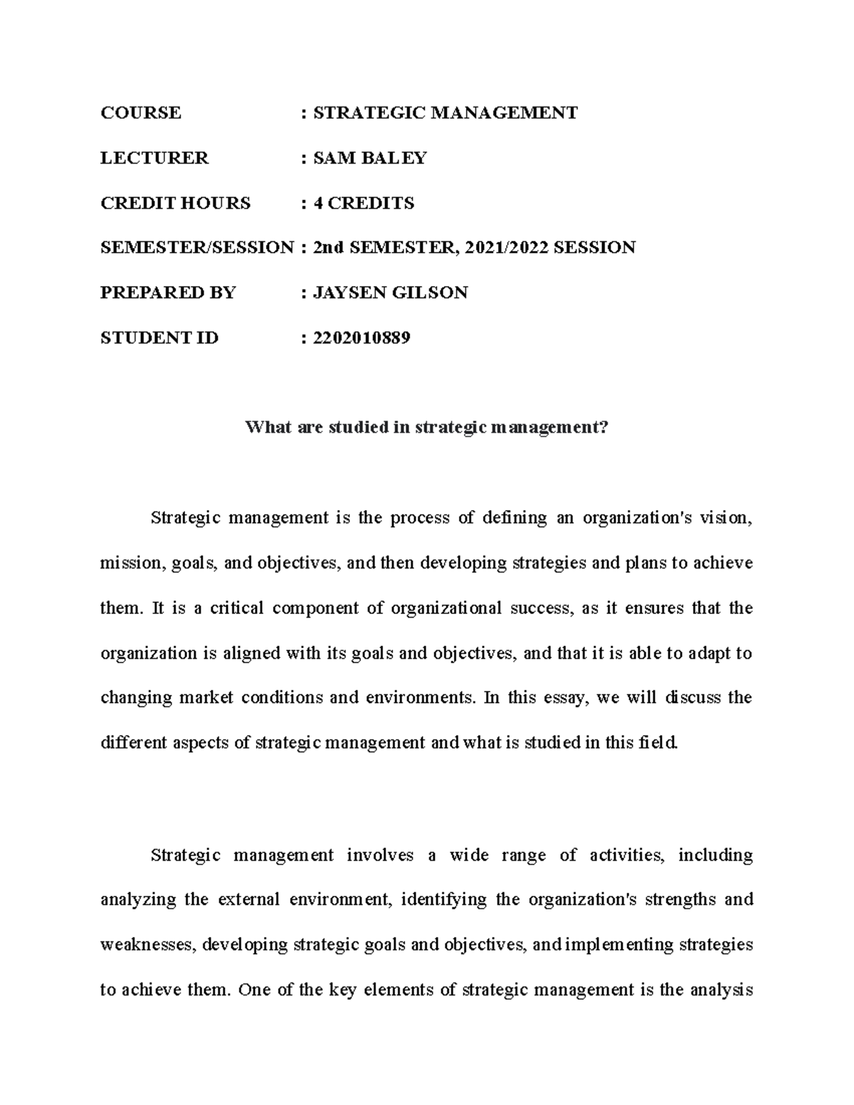 Essay What are studied in strategic management - COURSE : STRATEGIC ...
