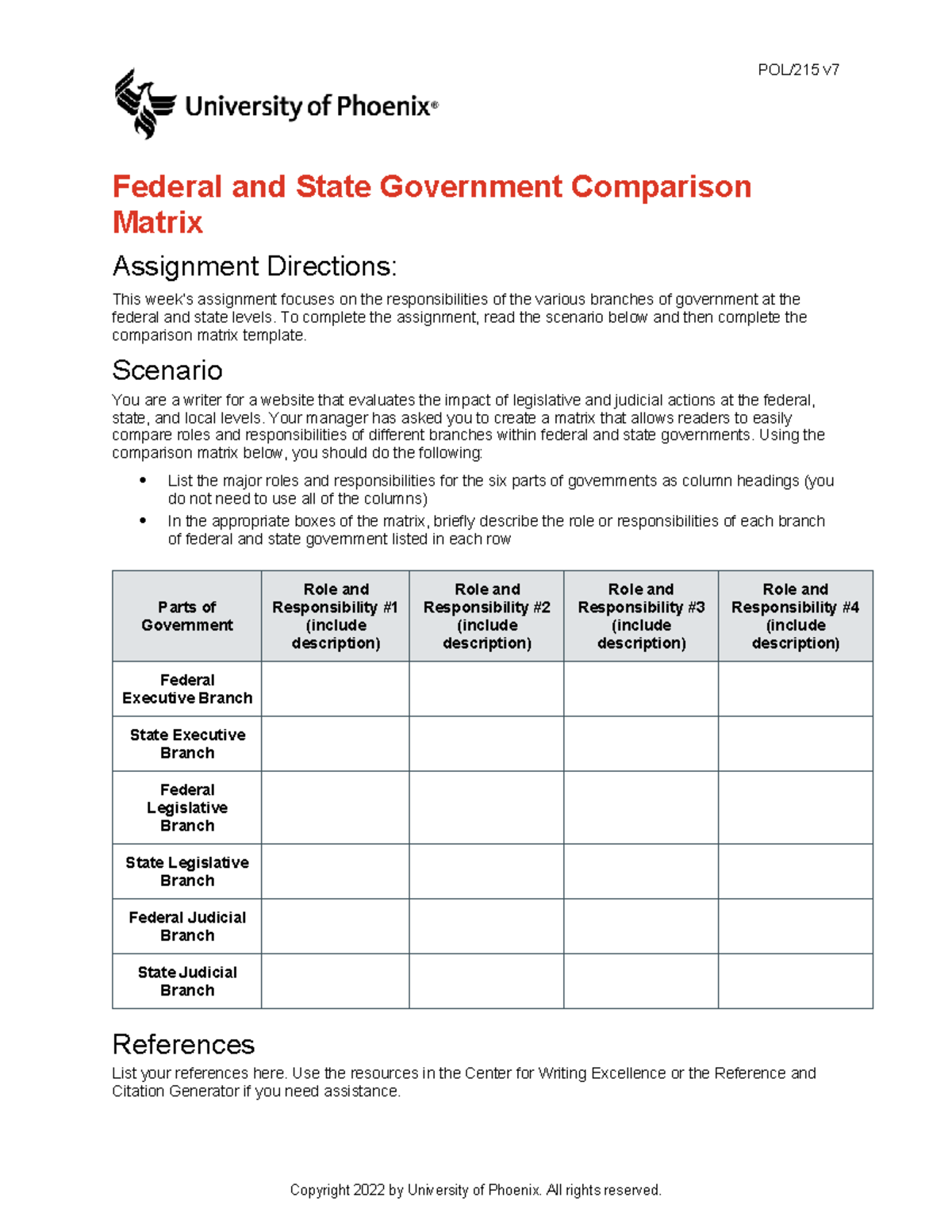 Pol215 v7 wk2 federal and state government comparison matrix - POL/215 ...