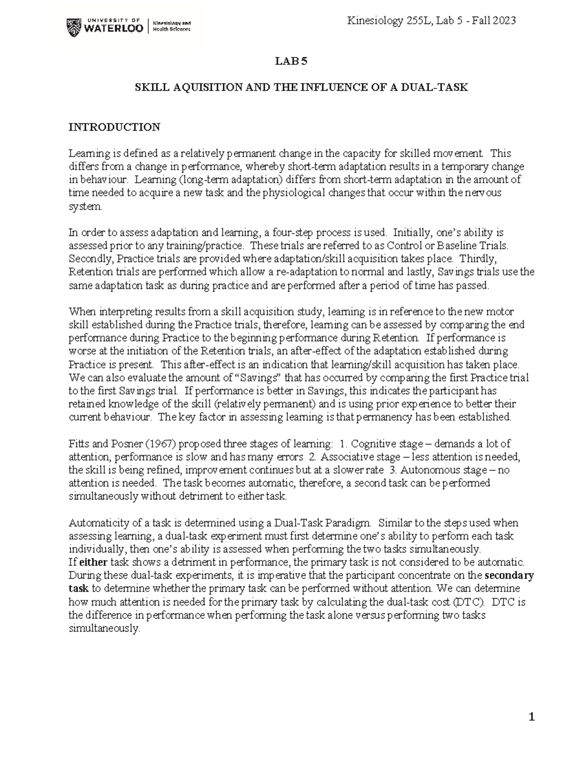 LAB 5 Learning and Dual-task F'23 - LAB 5 SKILL AQUISITION AND THE ...