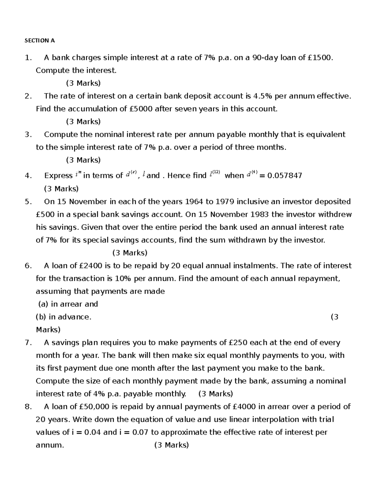 Financial mathematics - SECTION A A bank charges simple interest at a ...