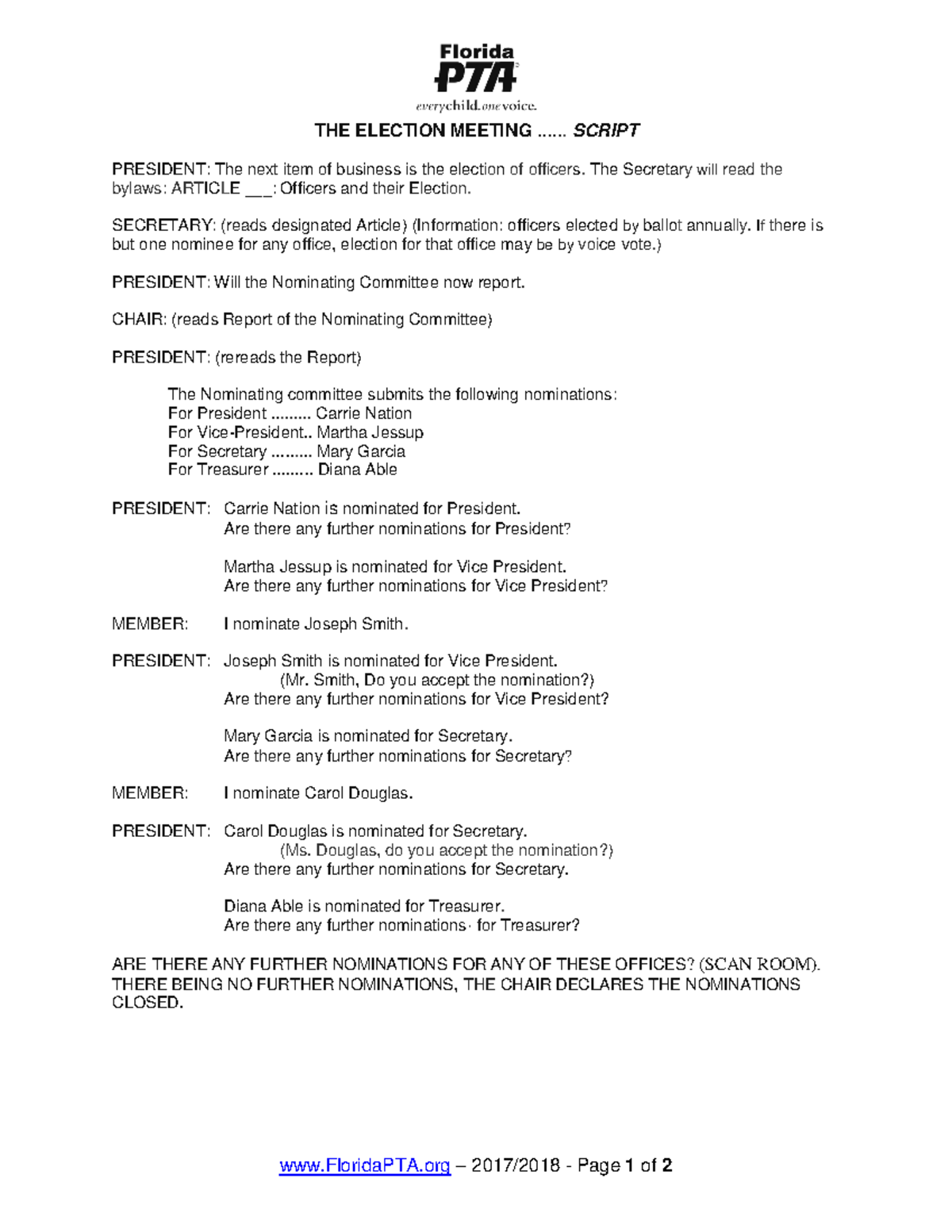 THE Election Meeting Script - FloridaPTA – 2017/2018 - Page 1 of 2 THE ...