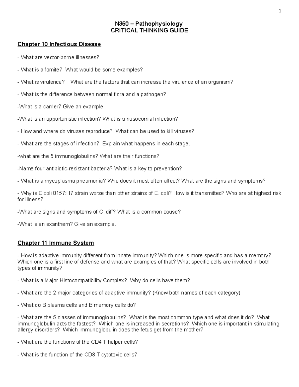 N350- Ch 10, 11 immune-infection critical thinking guide-exam 2 (5) - 1 ...