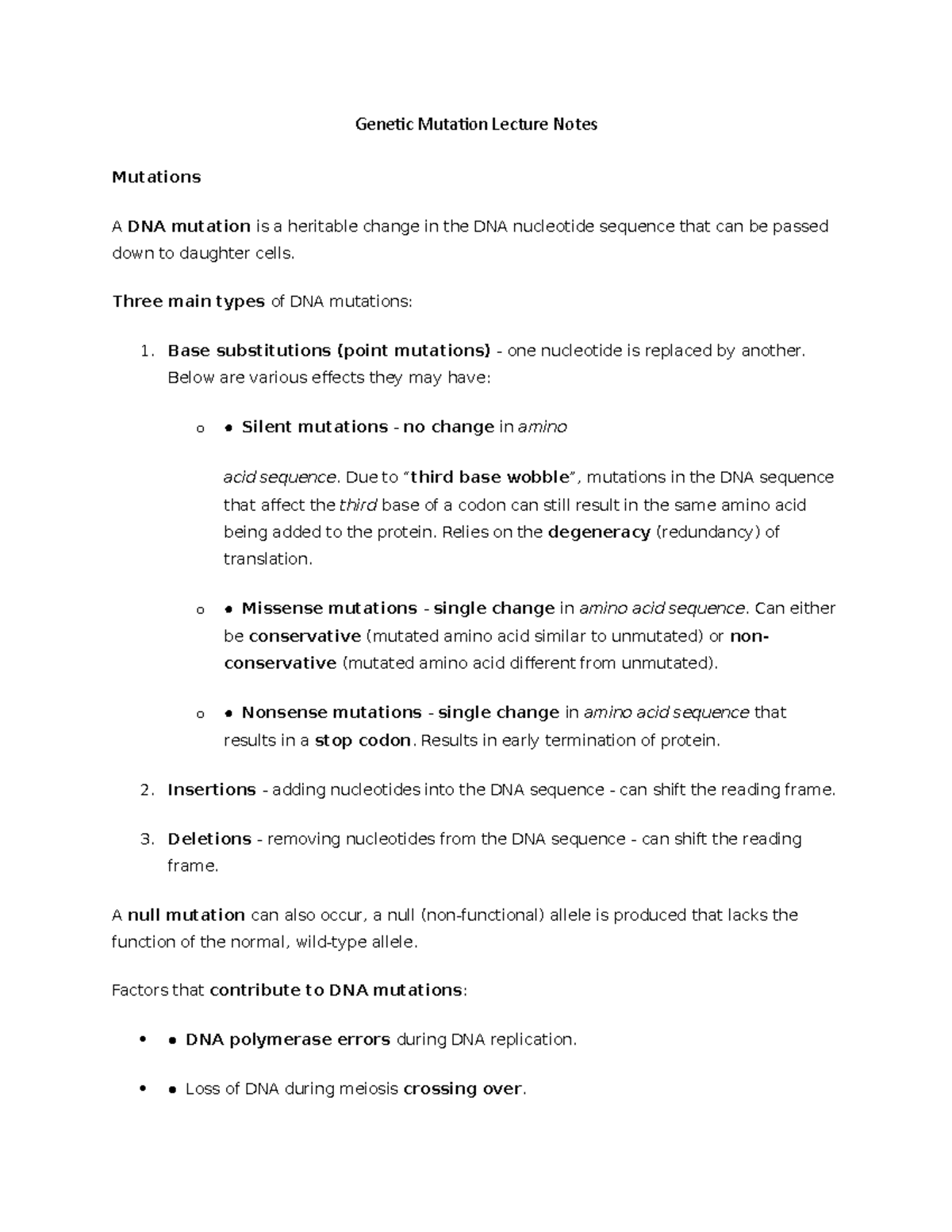 Genetic Mutation Lecture Notes - Genetic Mutation Lecture Notes ...