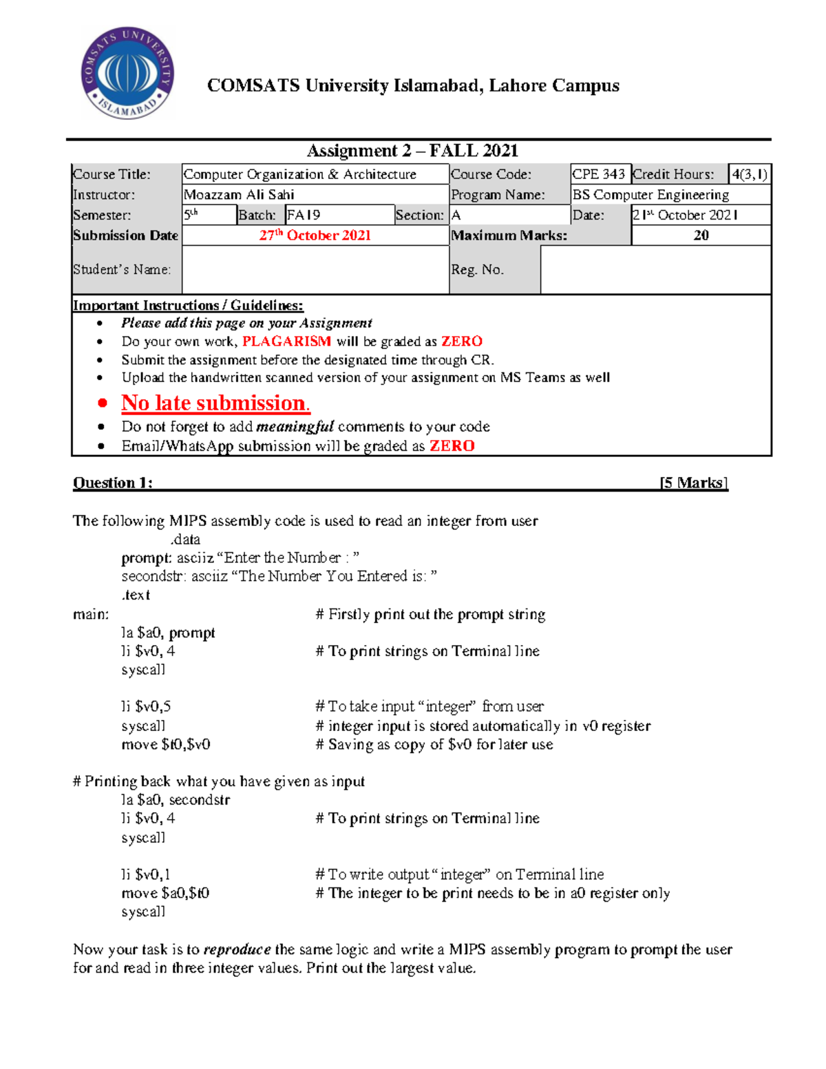 CPE 343 Theory Assignment 2 - COMSATS University Islamabad, Lahore ...