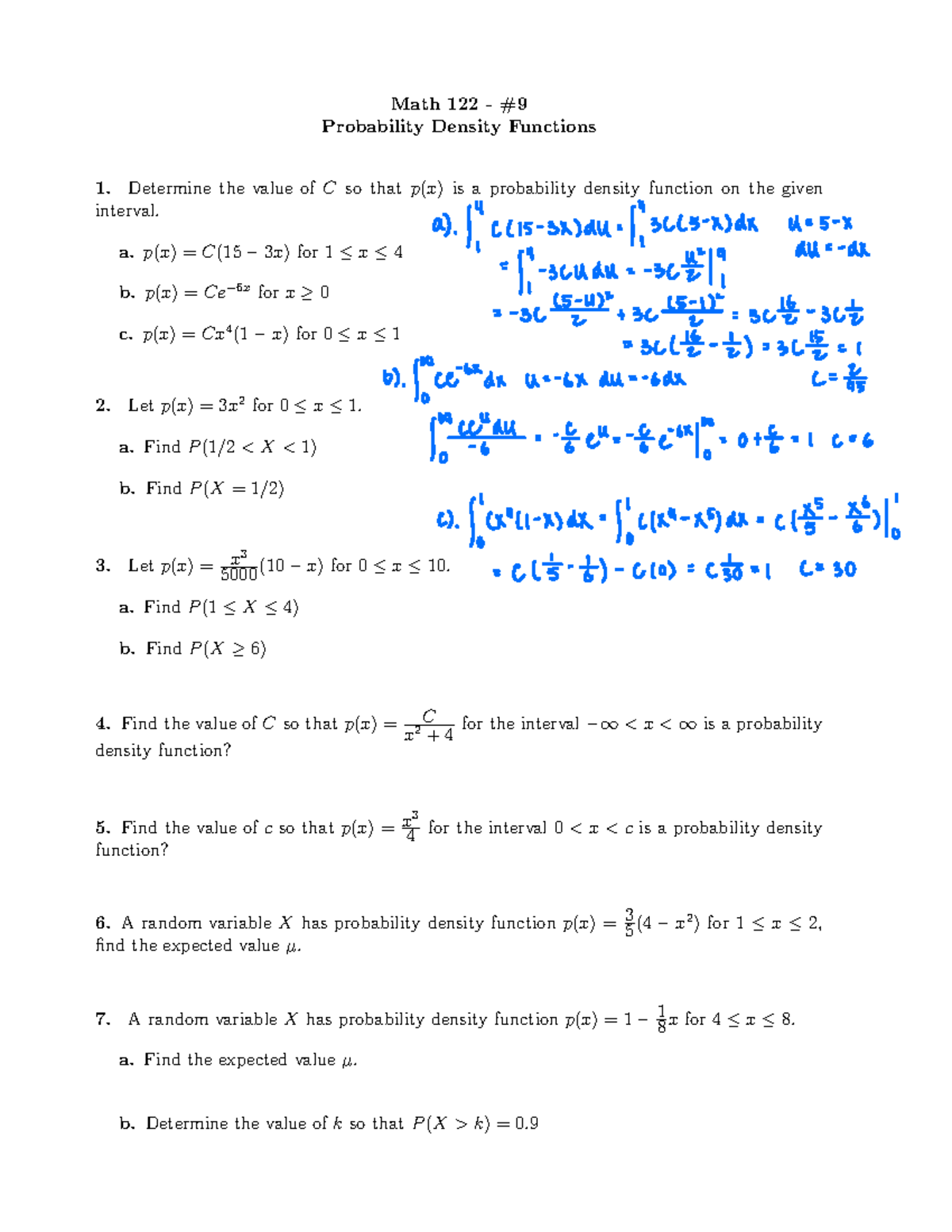 09prob - Math 122 - # Probability Density Functions Determine the value of C so thatp(x) is a ...