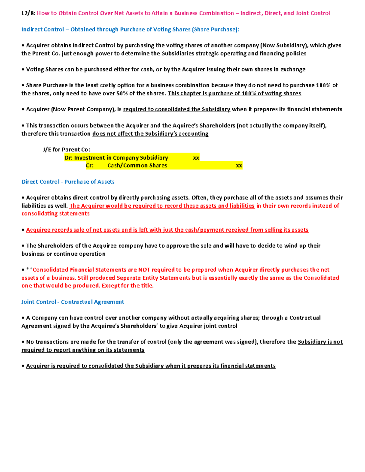 Ch. 3 Notes L2 - How to Obtain Control Over Net Assets to Attain a ...