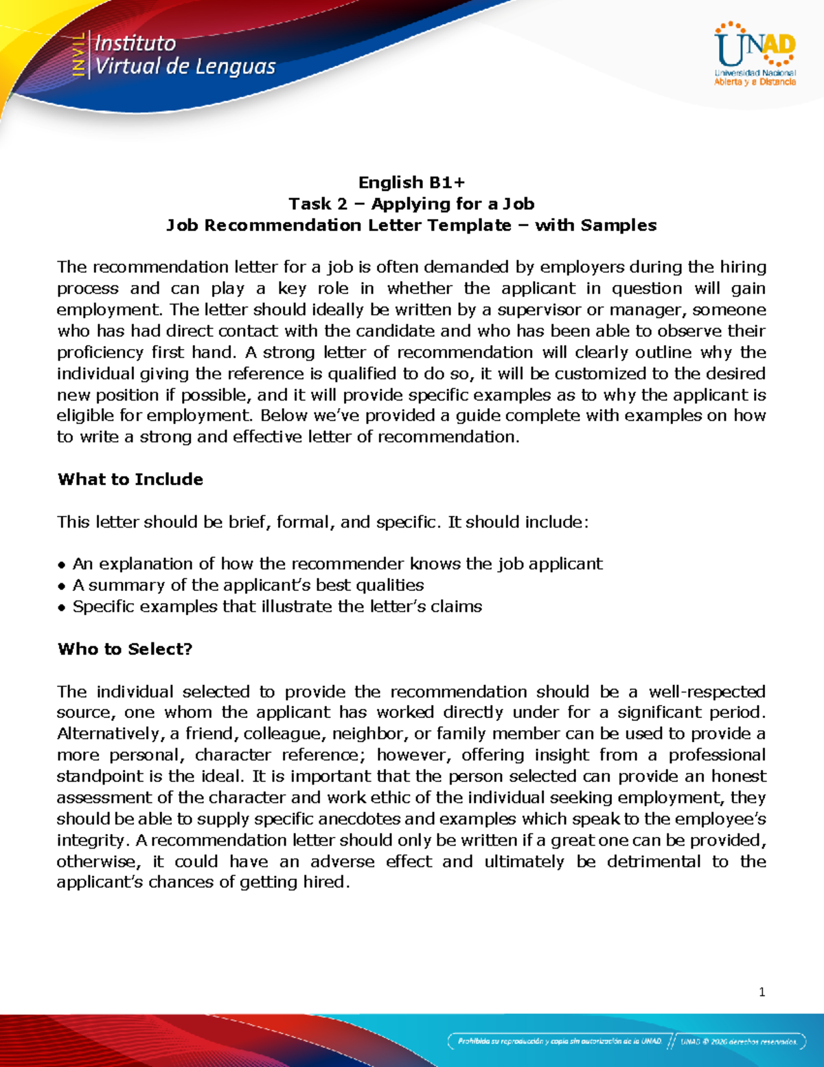 Annex 3- Recommendation letter model - English B1+ Task 2 – Applying for a Job Job ...