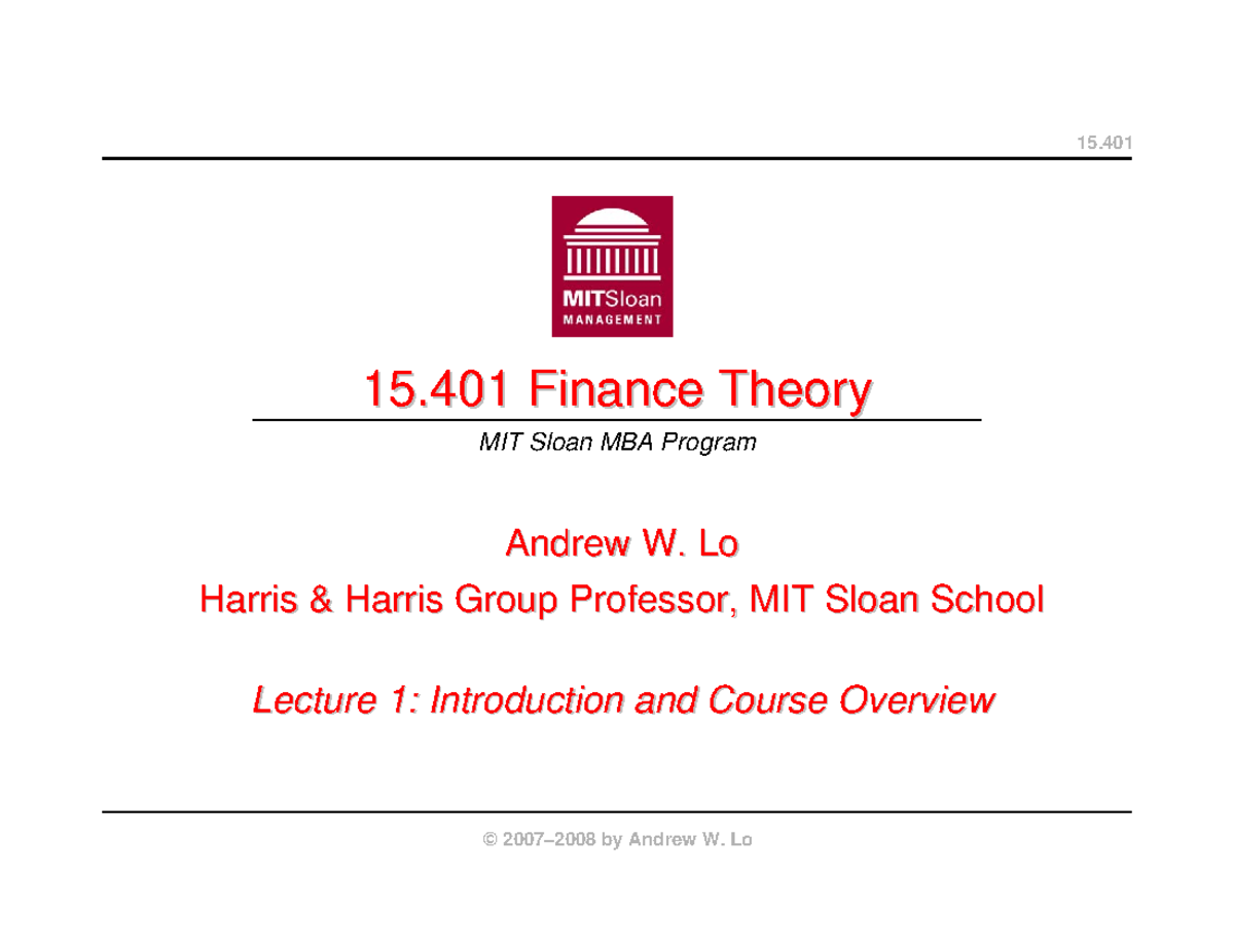 Intro MIT Finance - happy studying - 15. 15 Finance Theory 15 Finance ...