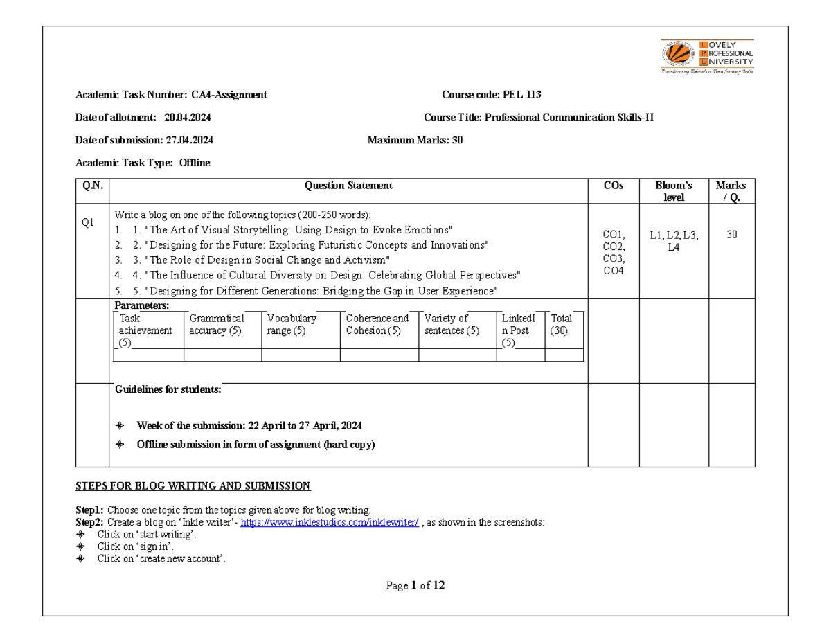 CA4 Pel113 - Academic Task Number: CA4-Assignment Course code: PEL 113 Date of allotment: 20. 04 ...