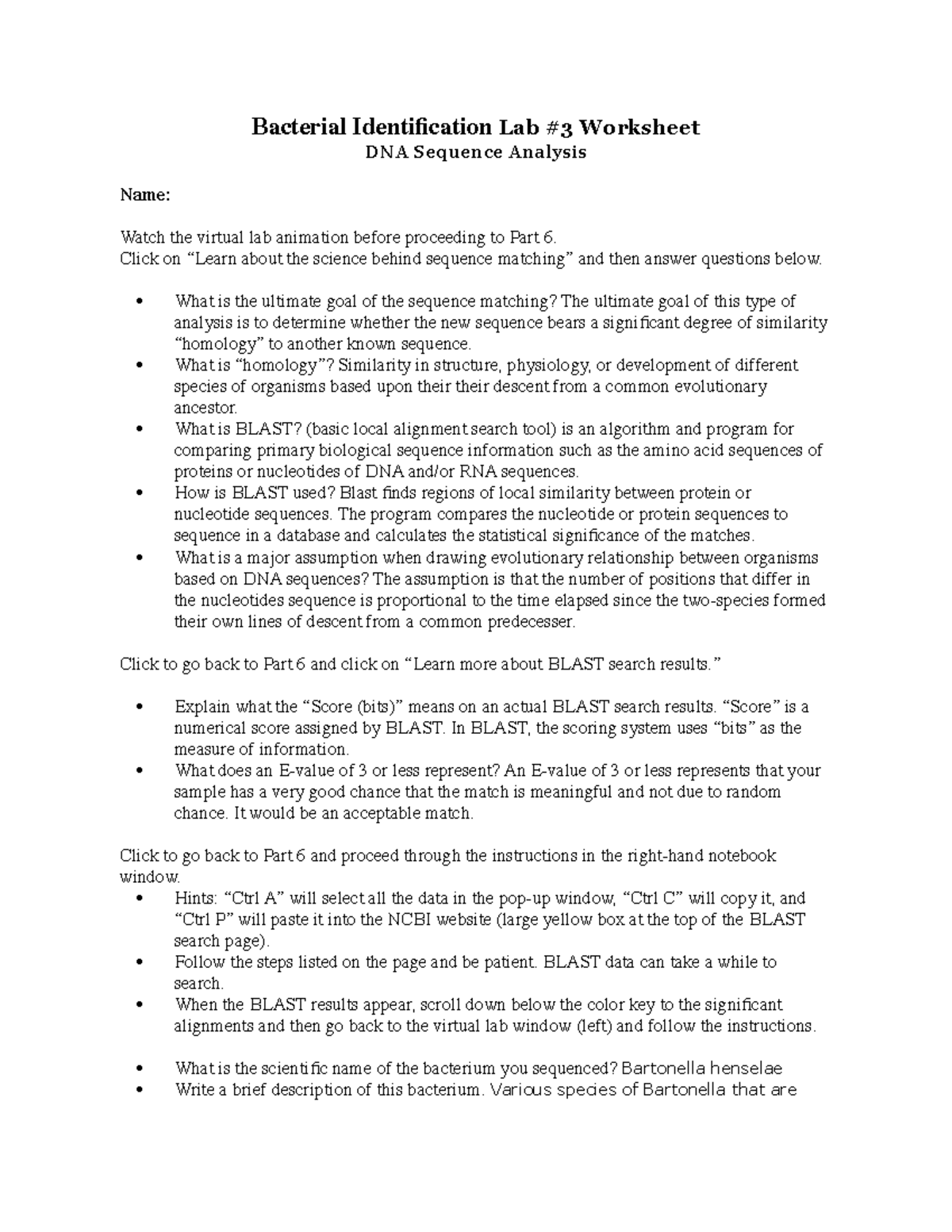 Bacterial ID Lab #3 Worksheet - Bacterial Identification Lab #3 ...