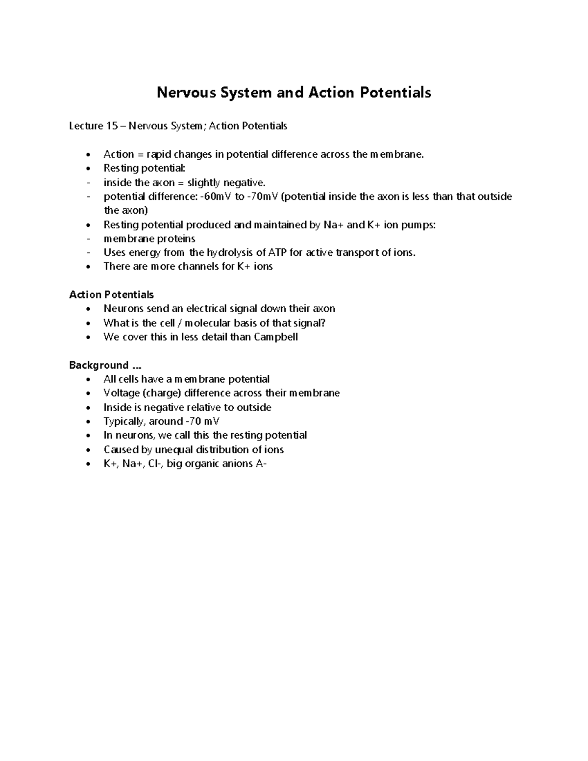 Lecture 15 Action Potentials - Nervous System and Action Potentials ...