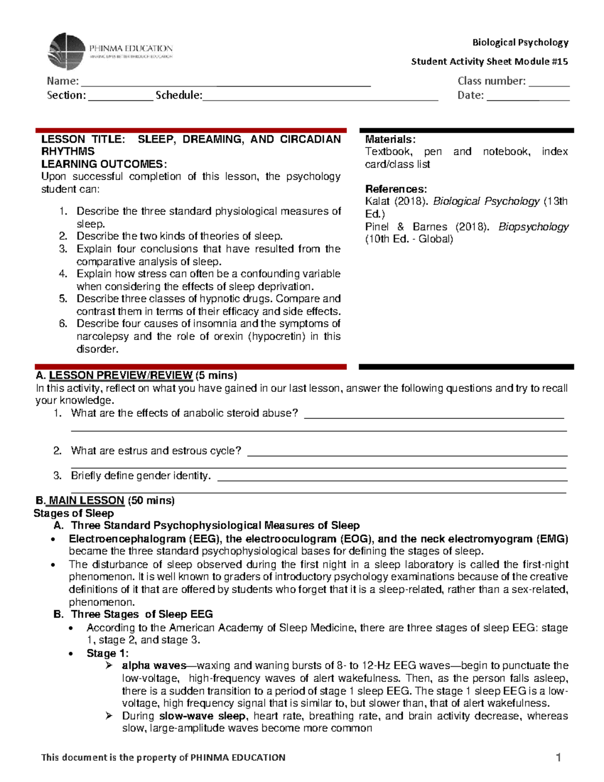 SAS Module 15 Sleep Dreaming AND Circadian Rhythms - Student Activity Sheet Module # Name: - Studocu