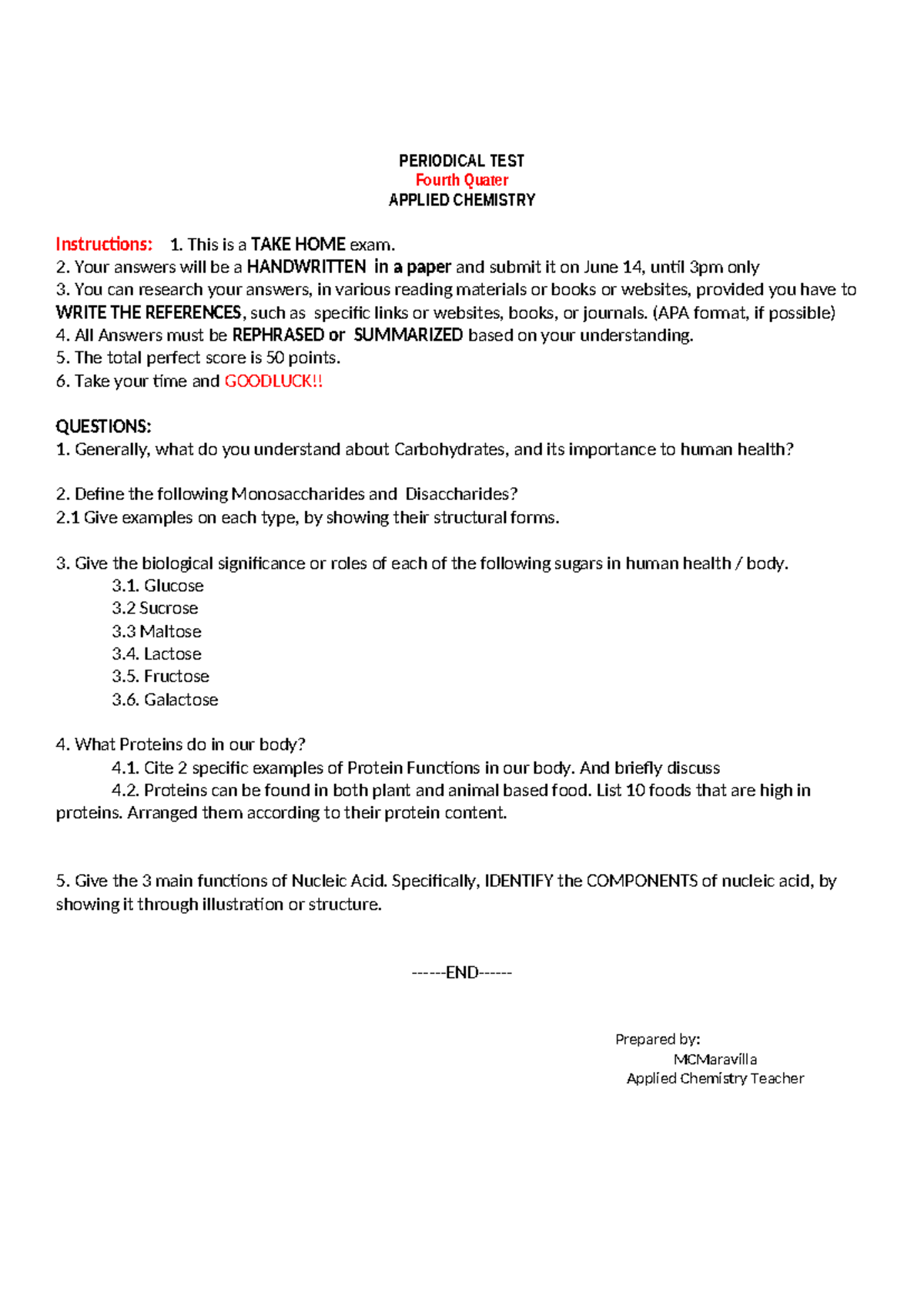 APChem 4th Exam-Take Home - PERIODICAL TEST Fourth Quater APPLIED ...