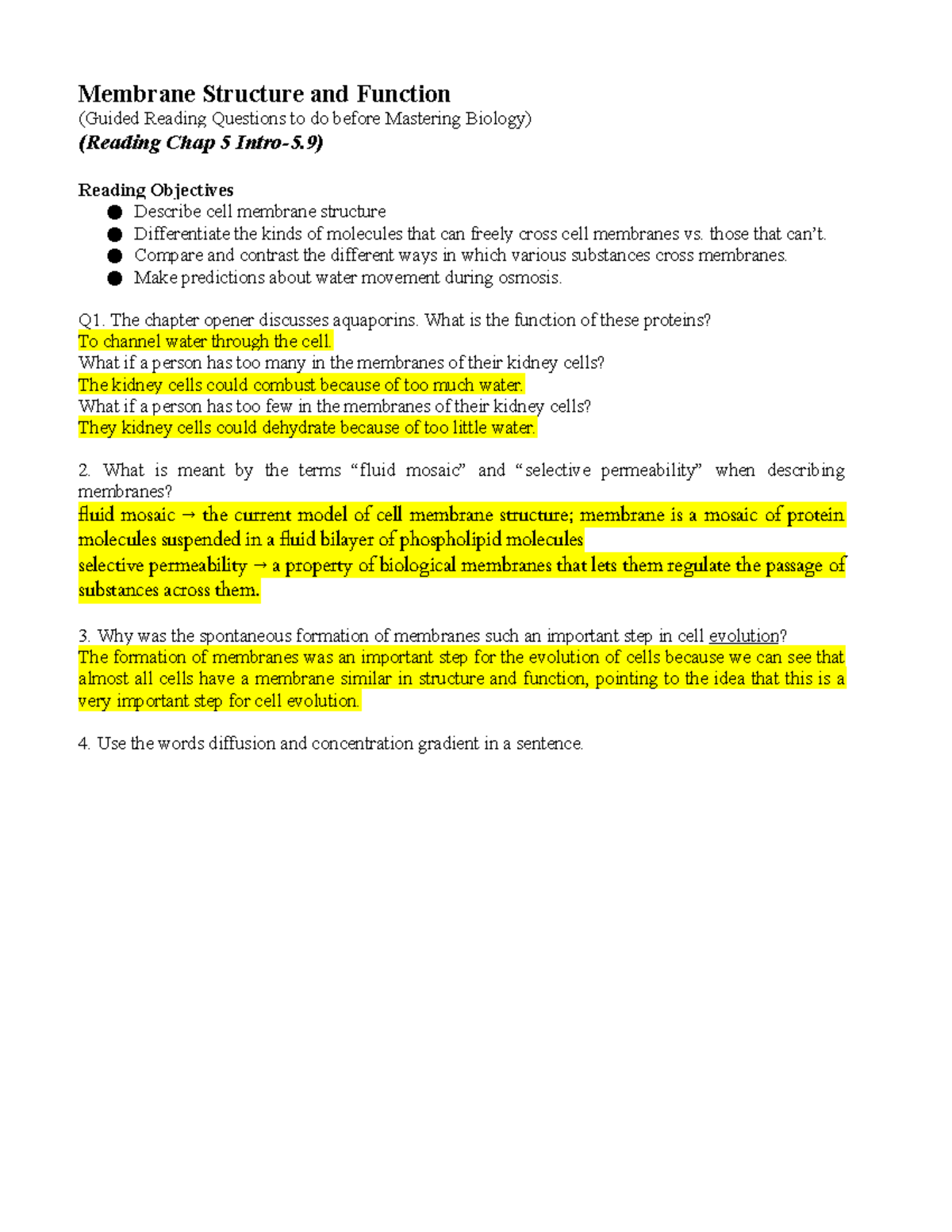 GRQ 4 - Membrane Structure and Function Guided Reading Questions (from ...
