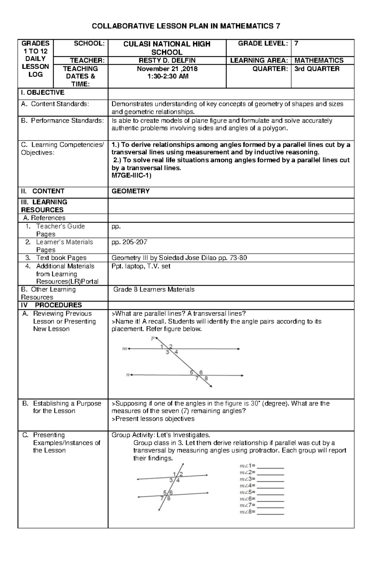 Pdfcoffee - Lessonplanquiz - COLLABORATIVE LESSON PLAN IN MATHEMATICS 7 I. OBJECTIVE A. Content ...