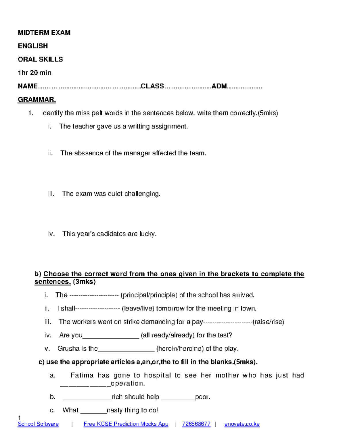 FORM 1 English Assignment - MIDTERM EXAM ENGLISH ORAL SKILLS 1hr 20 min ...