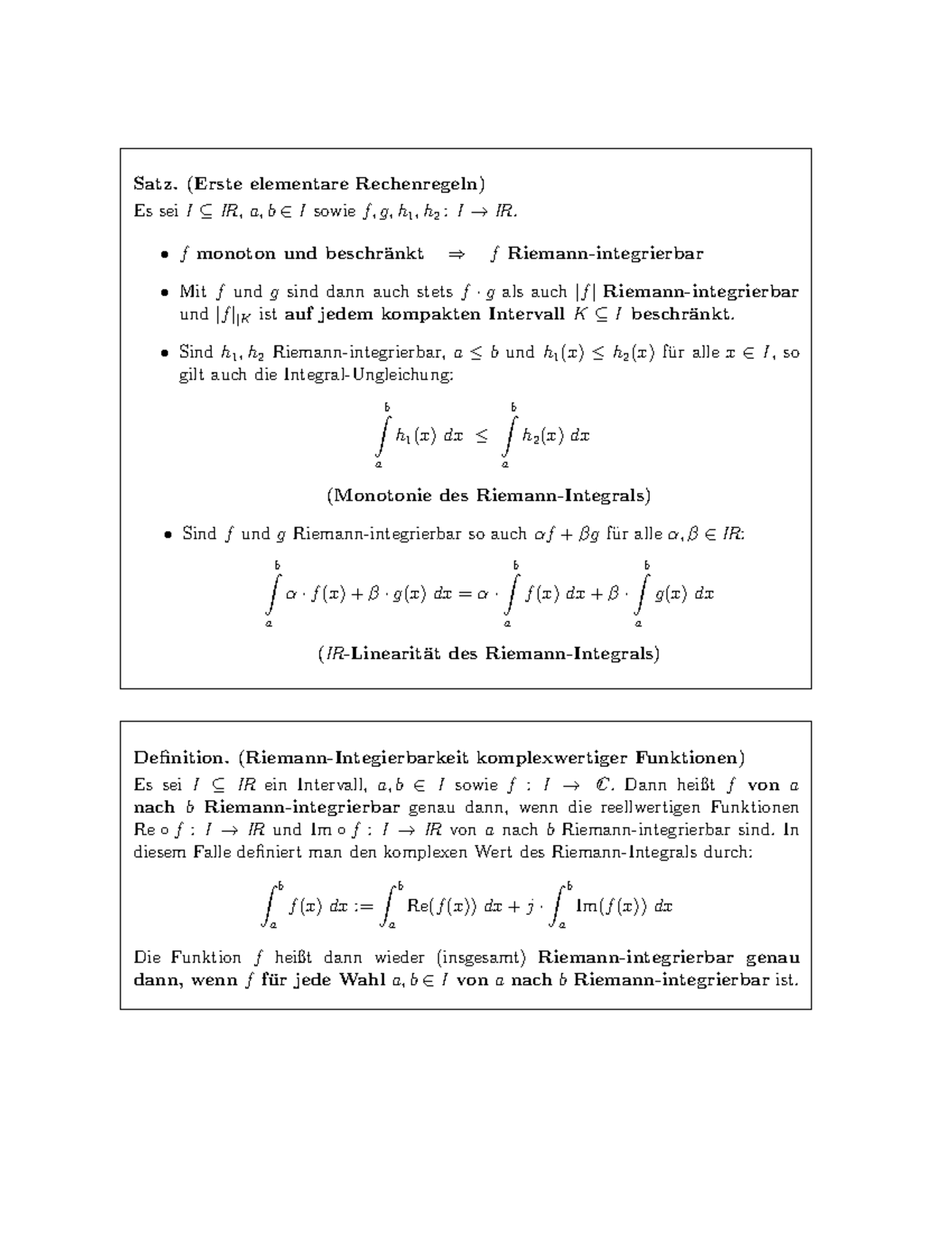 Rechenregeln Riemann-Integral - Satz. (Erste elementare Rechenregeln ...