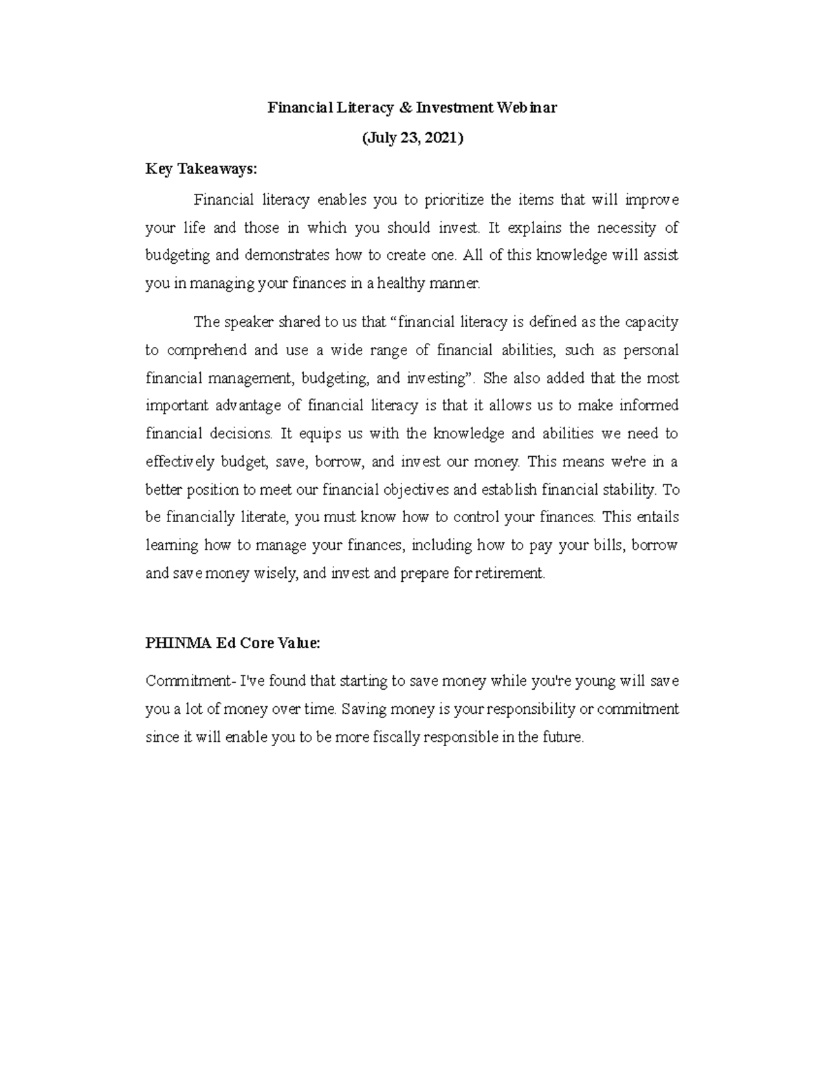 Financial Literacy & learn more about Investment Webinar - Financial ...