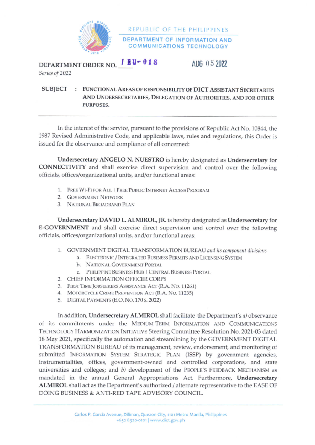 Functional Areas of Responsibility of DICT Assistant Secretaries and ...