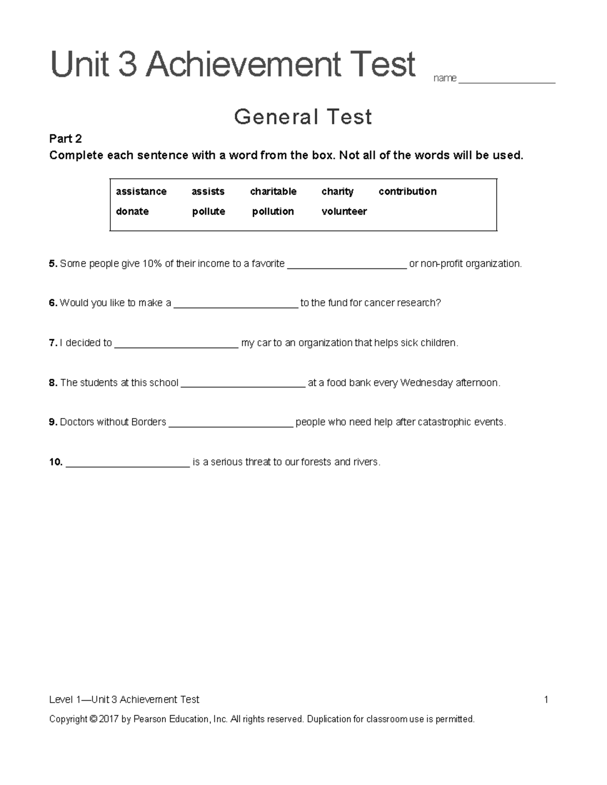 Test - Test - Unit 3 Achievement Test name ___________________ Level 1 ...