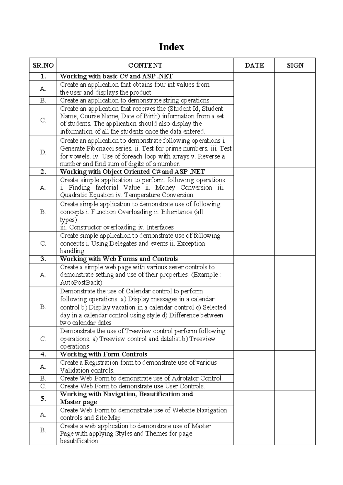 Awp Journal Index Sr Content Date Sign 1 Working With Basic C And Asp Net A Create An