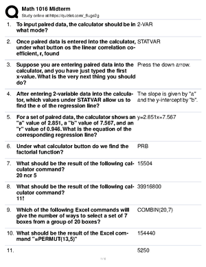 Chapter 14 and 15 Quiz Review KEY - MATH 1016 - Studocu