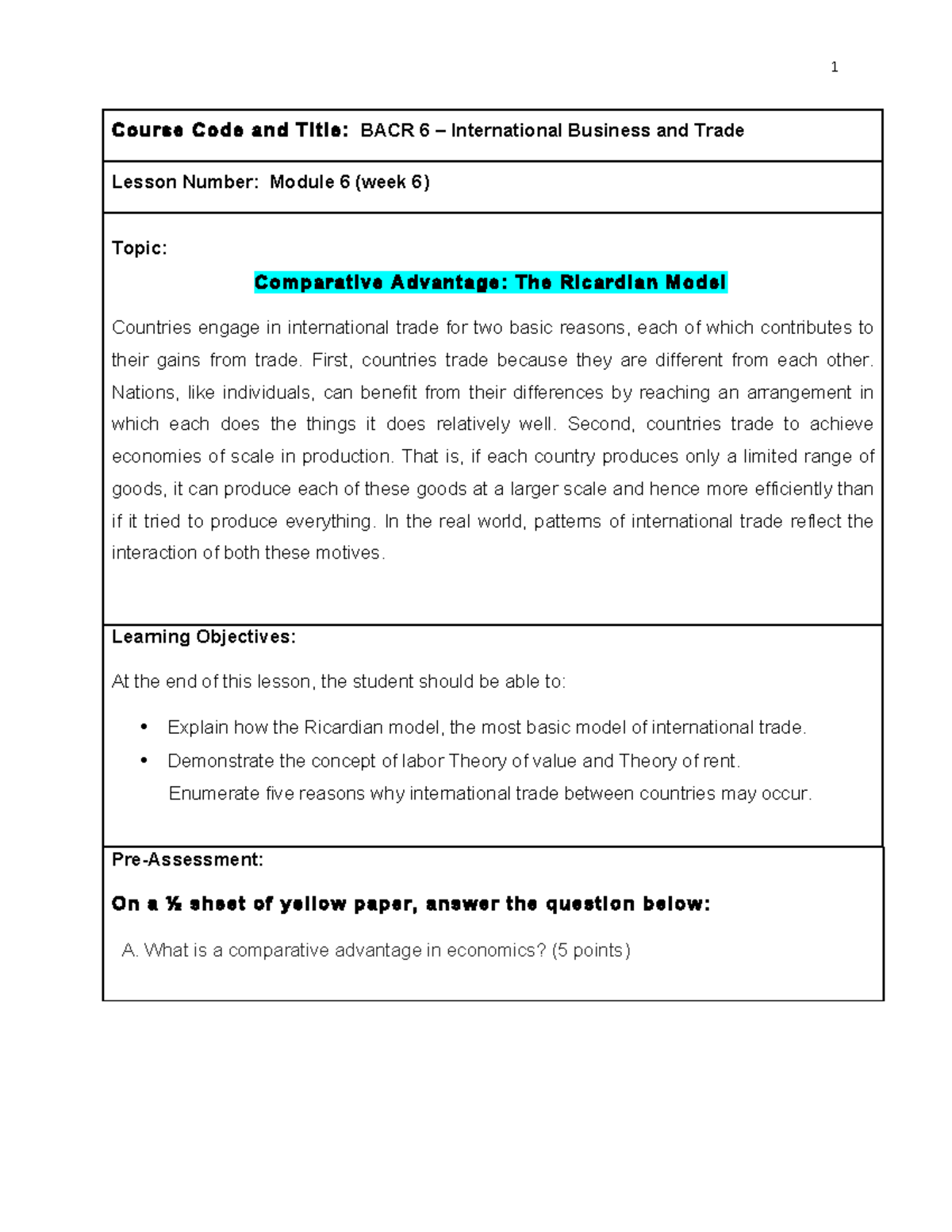 Business International Trade and Globalization - Pre-Assessment: On a ½ ...
