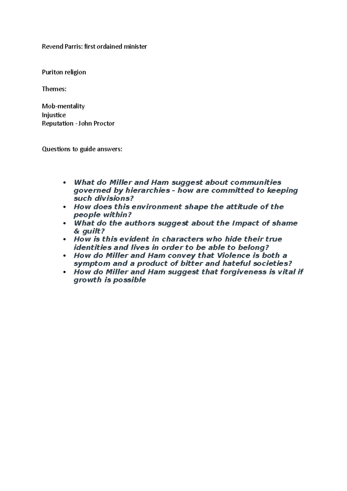 Crucible - Revend Parris: first ordained minister Puriton religion ...